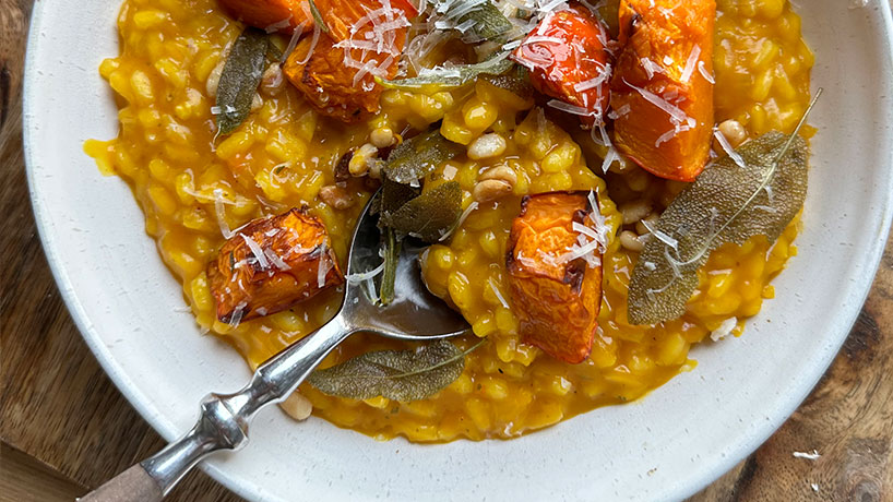 Pompoen risotto met Edelgistvlokken à la Veggilaine - Biotoday